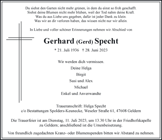Traueranzeigen von Gerhard Specht | Niederrhein Nachrichten Trauerportal